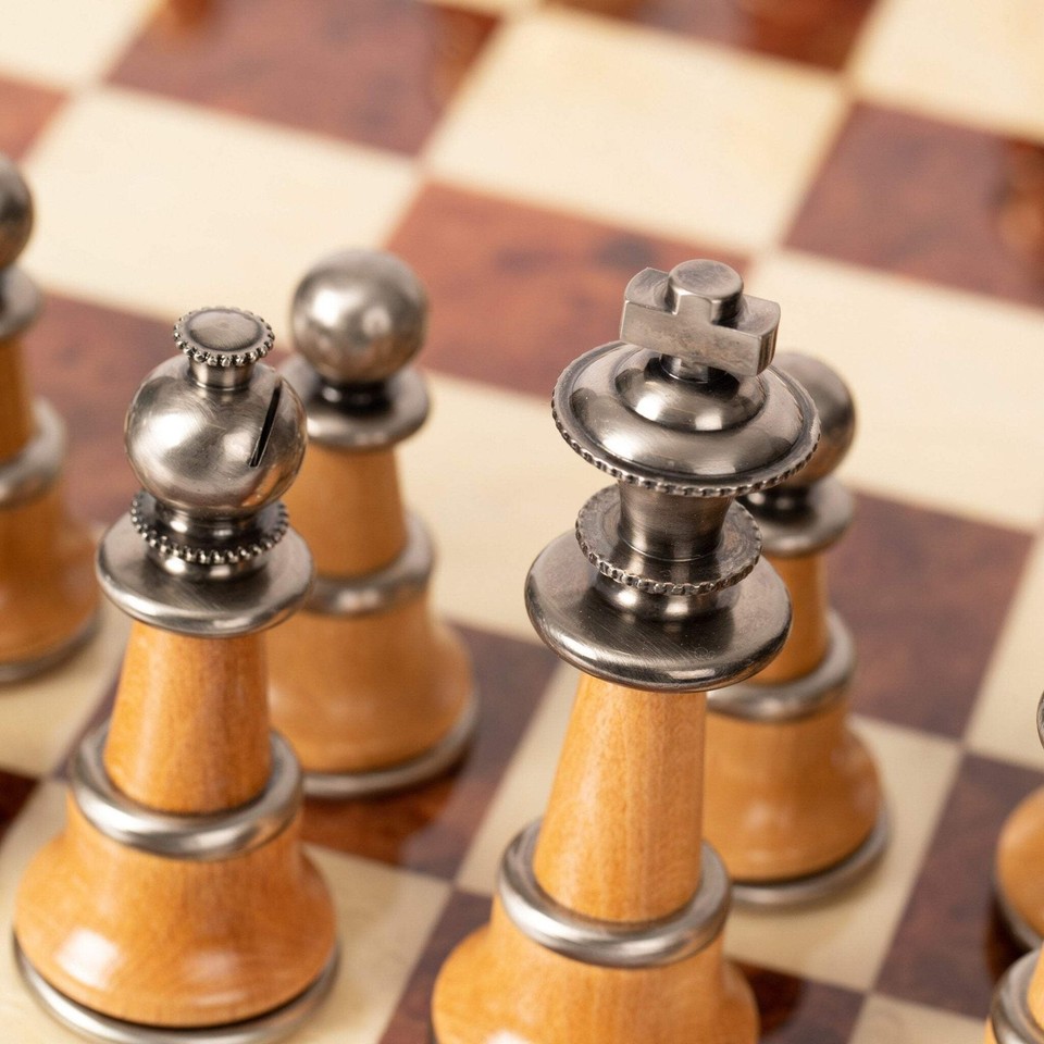 Italfama XL Metal/Wood Chess Set w/ Table & Backgammon, Gold/Silver ...