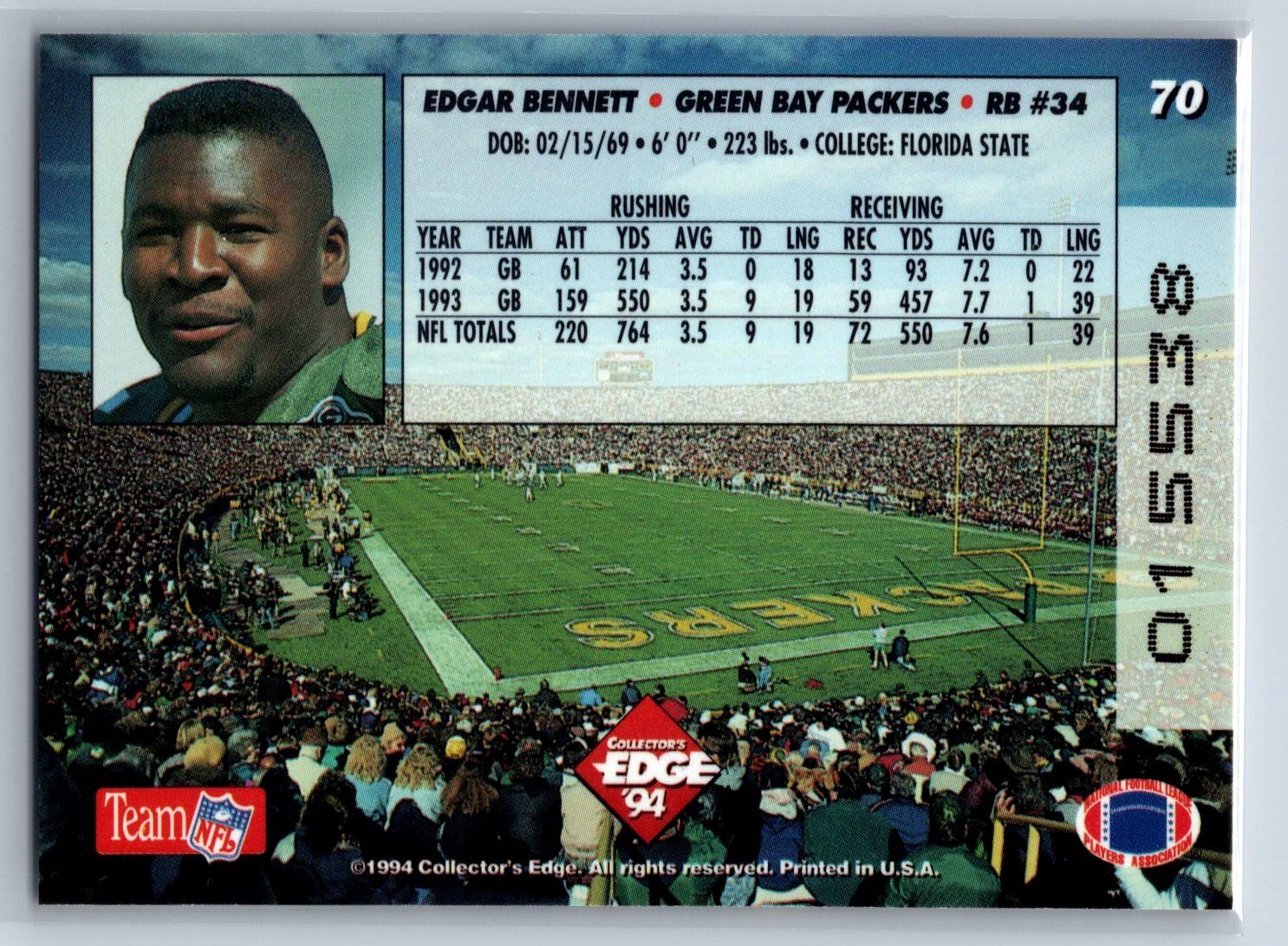 1994 Collector's Edge Edgar Bennett 1st Day Gold Parallel Green Bay ...