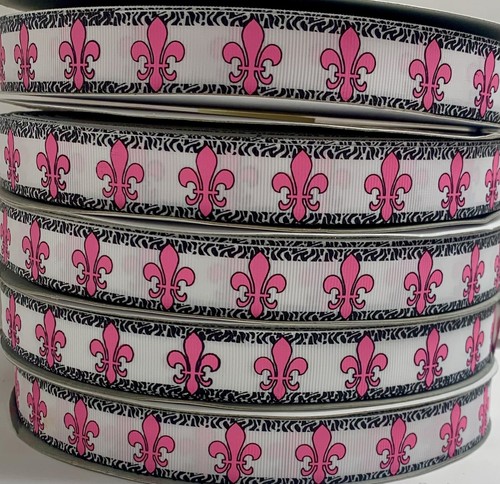 500 YARD BULK LOT 7/8 FABULOUS FLEUR DE LIS PINK ZEBRA CHEER GROSGRAIN ...