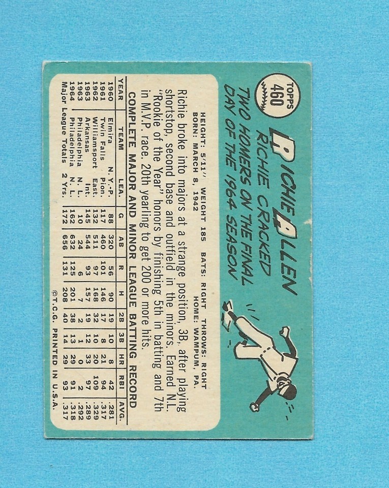 1965 Topps #460 Richie Rich Dick Allen AS ROOKIE Philadelphia Phillies ...