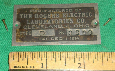 Rogers Electrical Laboratories Violet Ray Device FACTORY NAMEPLATE ...