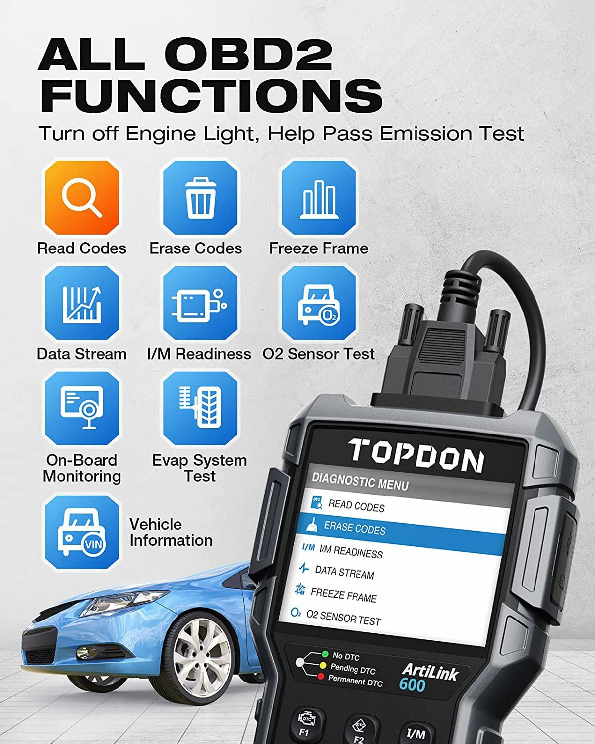 TOPDON Car OBD2 Scanner AL600 ABS SRS Code Reader Bidirectional ...