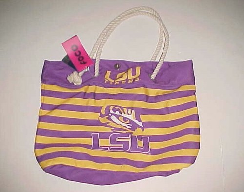 LSU Tigers Logo NCAA SEC Purple Yellow Rope Handle Nautical Stripe Tote ...