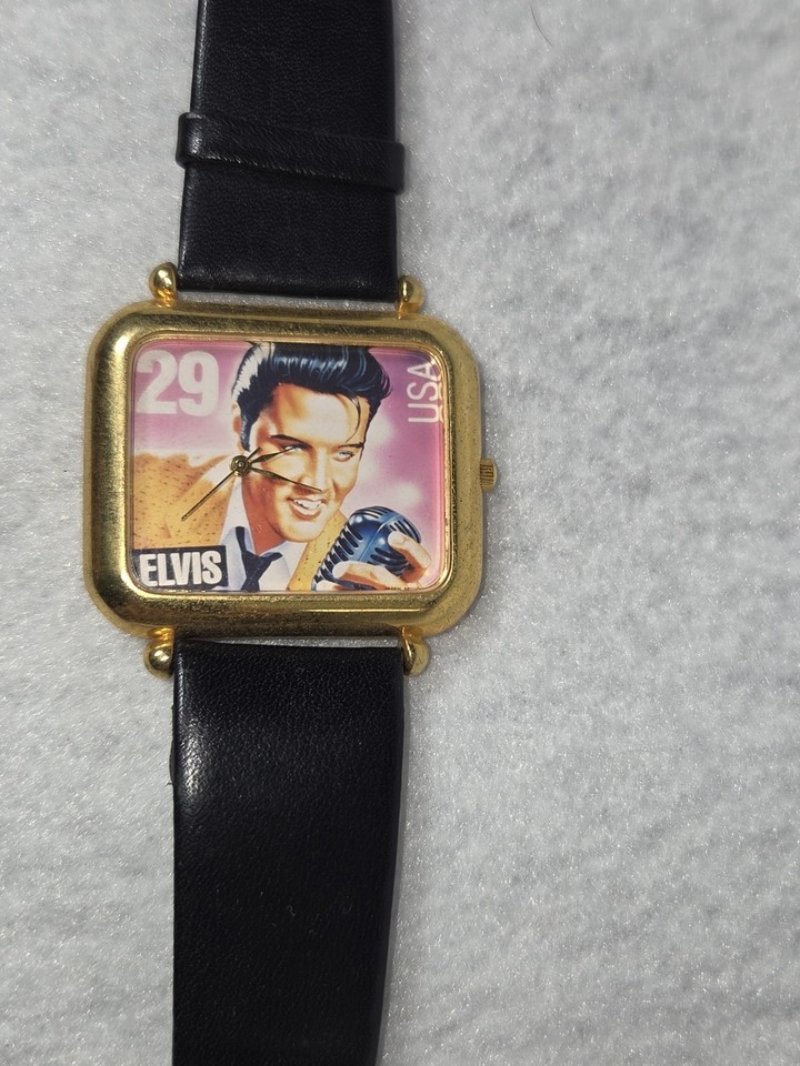 Vintage Elvis Presley Watch 29 Cent Stamp Face Black Leather Band ...