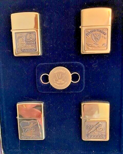 Zippo World War II "A Remembrance" Set of 4 Brass Lighters & Keychain w ...