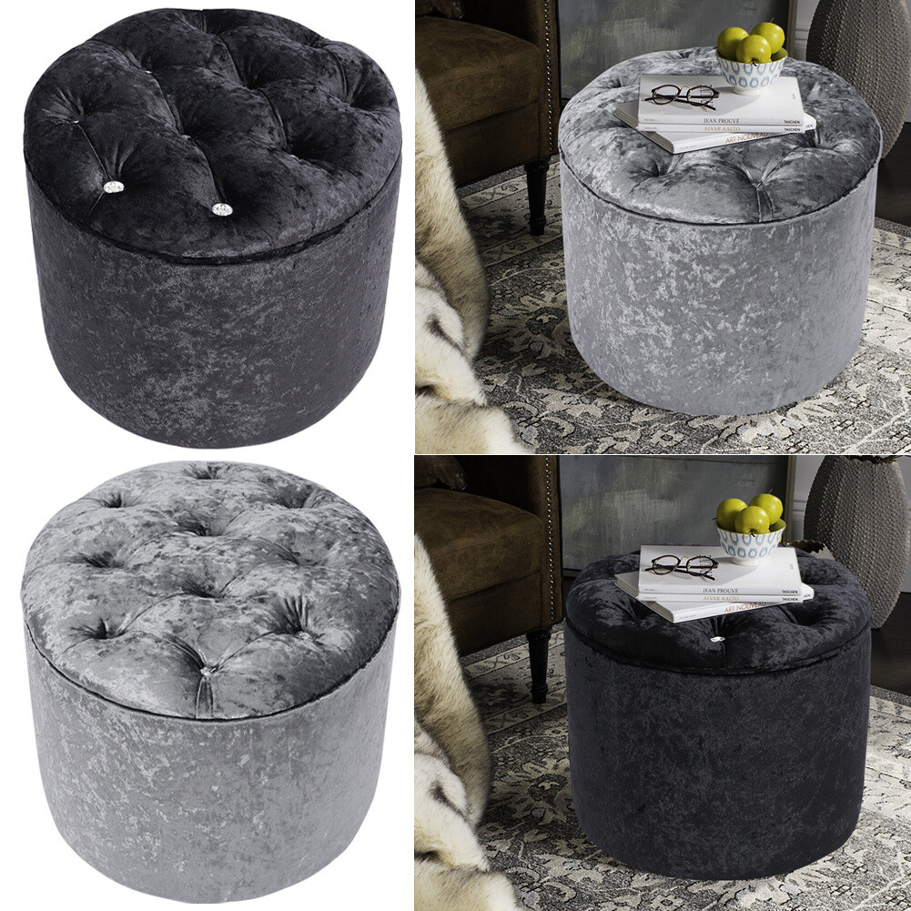 Crushed Velvet Footstool Large Round Chesterfield Button Pouffe Ottoman ...