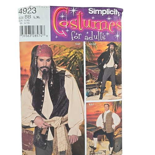 Simplicity 4923 Jack Sparrow Pirate Costume Pattern Men's L, XL (42-48 ...