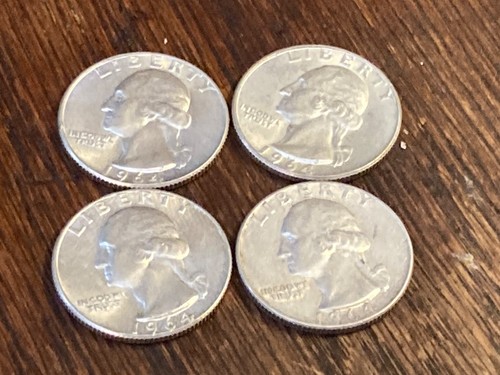 1964 -FOUR (4) WASHINGTON .90 SILVER QUARTERS 25c GLOSSY US COINS NO R ...
