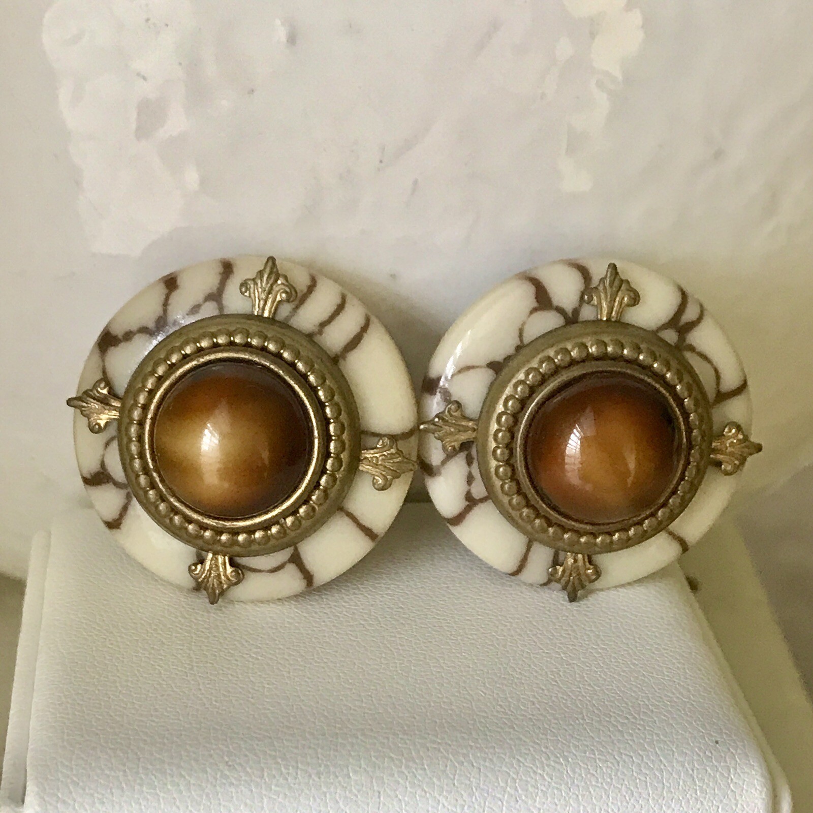 Patrice Stamped Brass White Brown Resin Clip Earrings - Gem