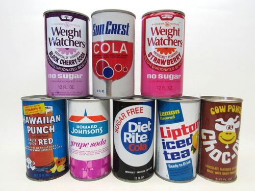 8 Steel Soda Can Lot Weight Watchers Cow Power Diet Rite Sun Crest ...