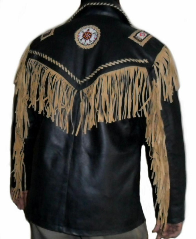 Men Western Cowboy Suede Fringe Jacket Beaded Native American Leather ...