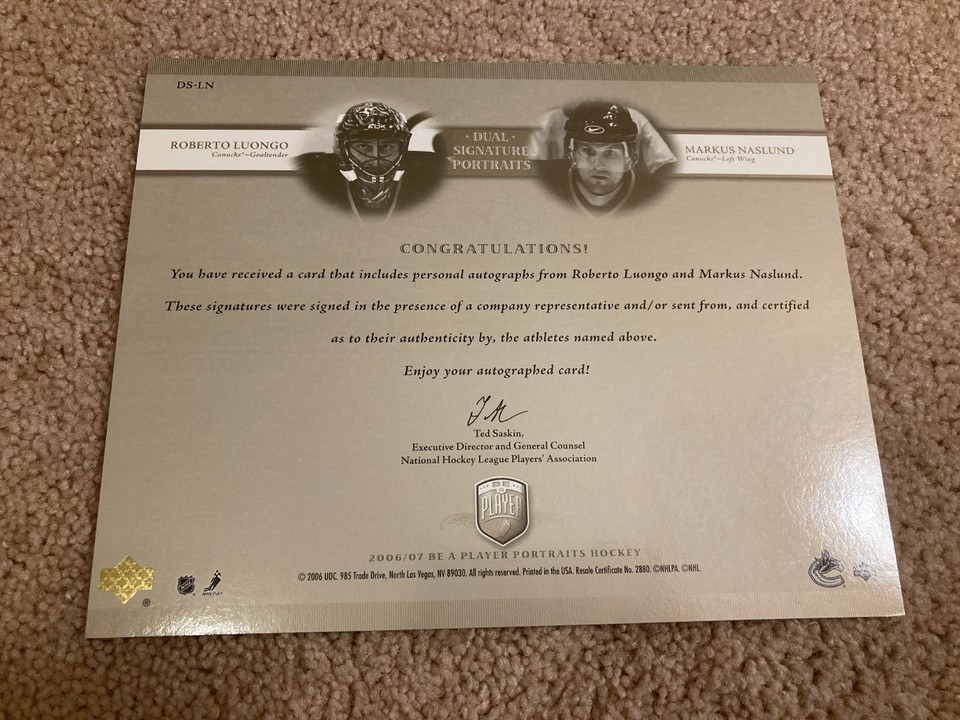 Roberto Luongo Markus Naslund 2006/07 UD BAP Dual Signature Portraits ...