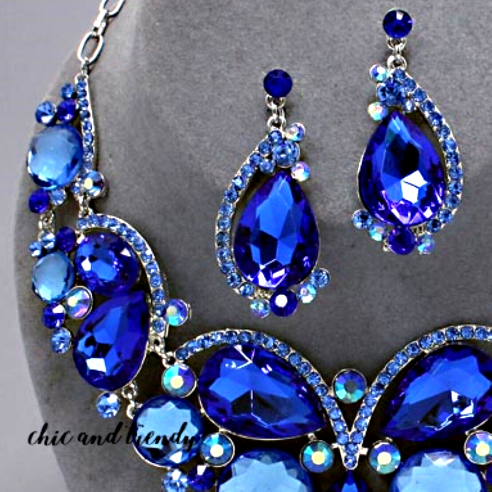 STATEMENT BLUE GLASS CRYSTAL CHUNKY PROM BRIDAL FORMAL NECKLACE JEWELRY ...