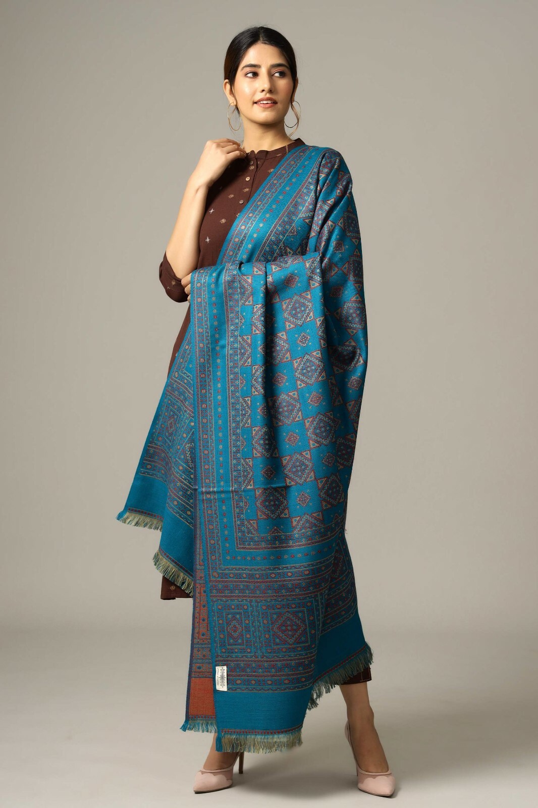 Wool Jamavar Shawl Great Gift Green Red Jacquard Stole Pashmina Moghul ...