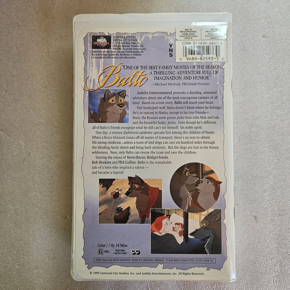 Balto VHS (1995) Animated Amblin Universal Kevin Bacon | eBay