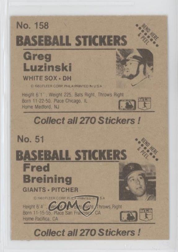 1983 Fleer Baseball Album Stickers Pairs Fred Breining Greg Luzinski ...