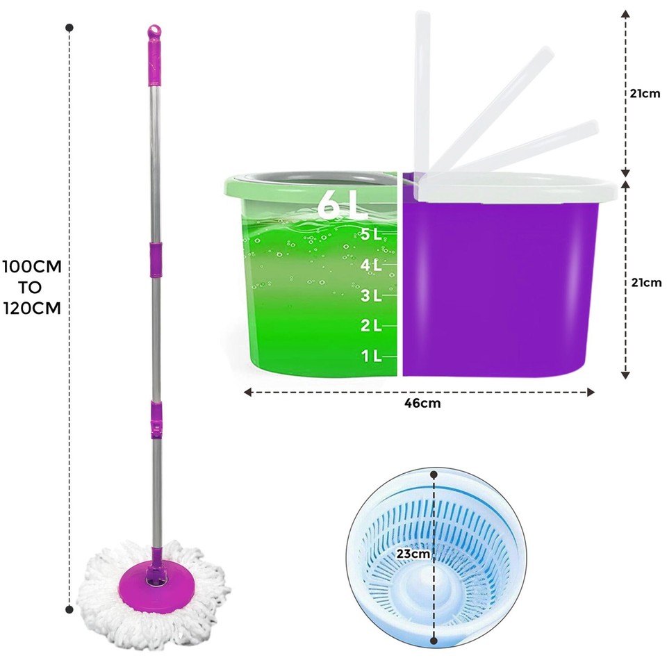 360° Rotating Magic Spin Mop Bucket Set Hard Floor Microfibre with 2 ...