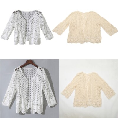 Women Long Sleeve Cardigan Hollow Crochet Floral Sweater Coat Beach ...