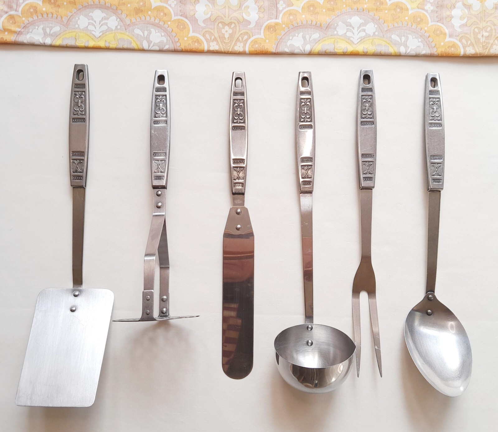 6 kitchen utensils 1970s embossed scrolls slice masher palette ladle ...