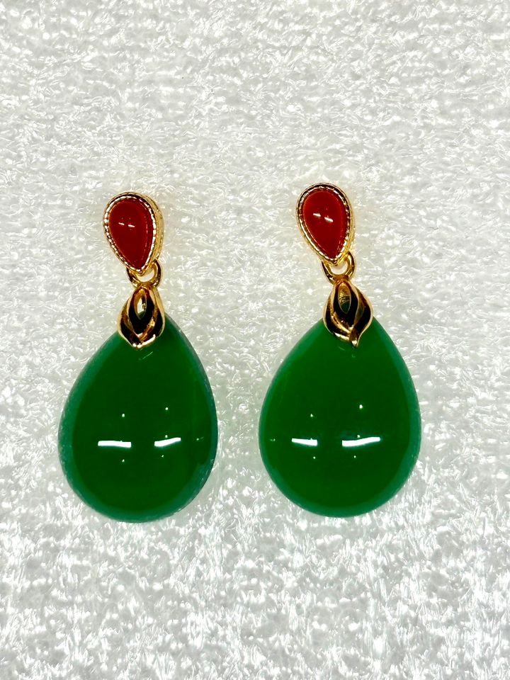 Green Chalcedony & Amber 30.00x11.80mm Drop Earrings Silver 925 Gold ...