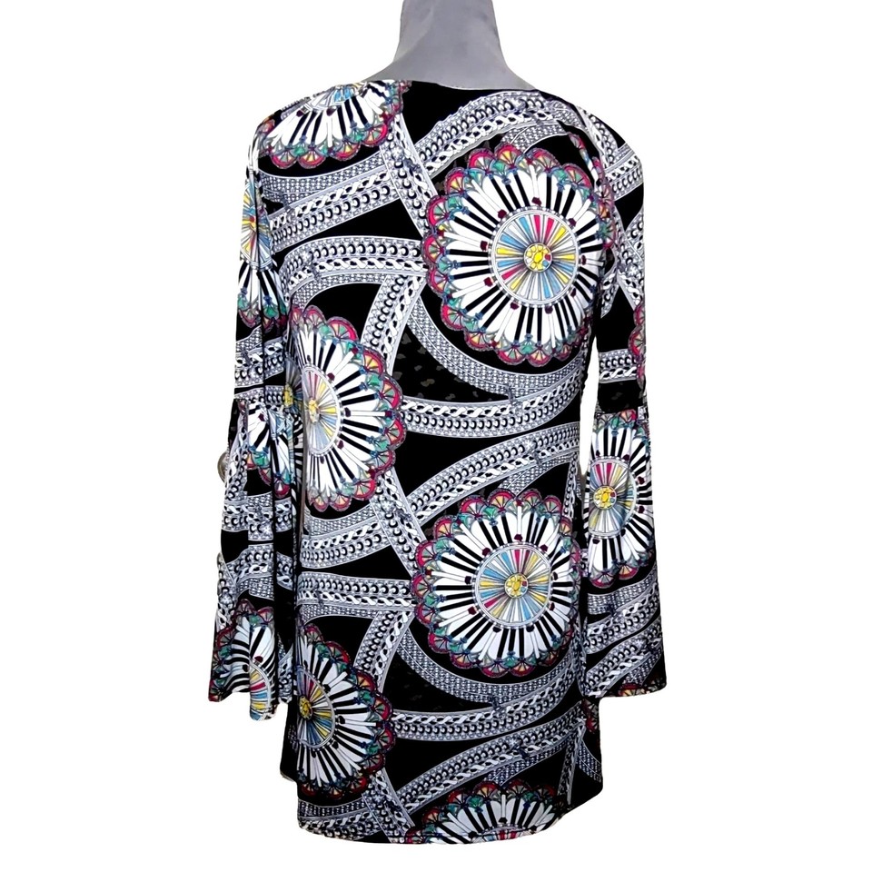 Bell Sleeve GoGo Mini Dress Multicolor Black GoGo Slinky Medallion ...