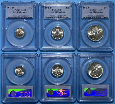 Philippines US 1945 D S 10 20 50 Centavos Stunning PCGS MS 65 3 Silver ...
