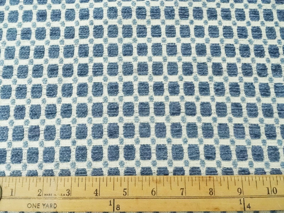 GEOMETRIC SQUARES CHENILLE SLATE BLUE UPHOLSTERY FABRIC $15.99/YD BTY ...