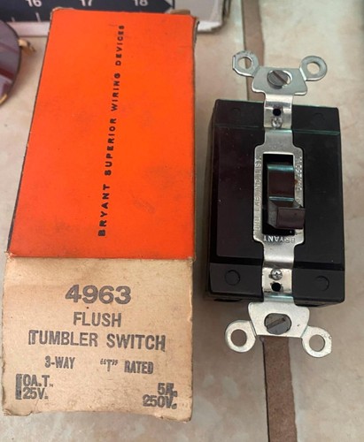 Vtg Bryant Light Tumbler Switch 4963 Flush Back Wired 3 Way T Rated 25v ...