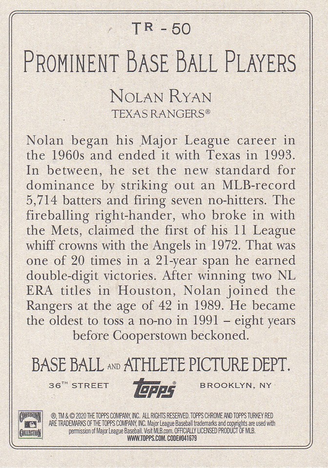 2020 Topps Update Turkey Red Nolan Ryan #TR-50 Texas Rangers Houston ...