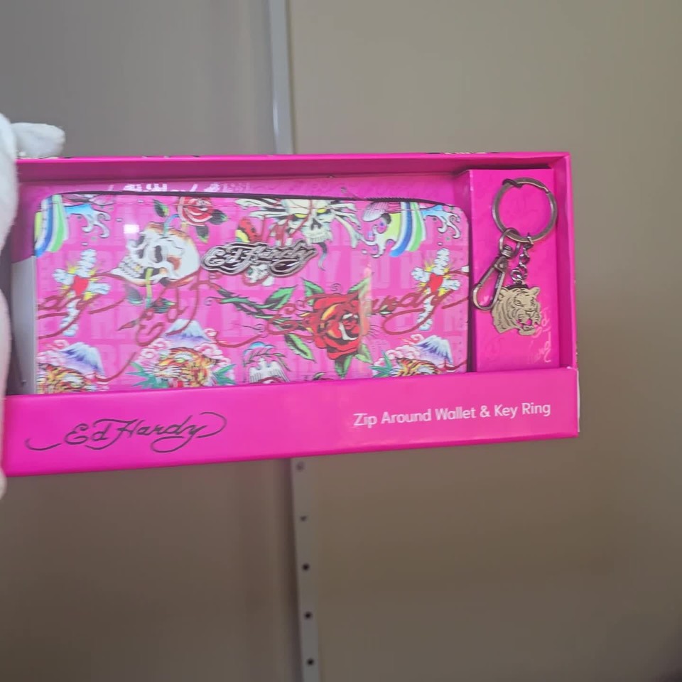 Ed Hardy Pink Tattoo Skull Rose Zip Around Wallet & Keychain Set Women ...