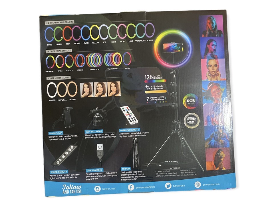 BOWER 12” White/RGB Ring Light Kit 360 Ballhead Extendable Tripod minor ...