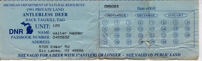 1991 MICHIGAN DNR ANTLERLESS DEER BACK TAG KILL TAG -MICHIGAN DEER-BEAR ...