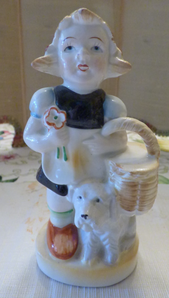 VINTAGE WW2 'Foreign' Porcelain Figurine Girl with Dog Basket Japan ...