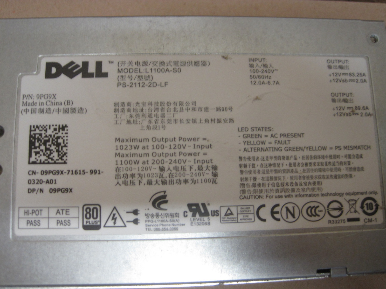 Netztei Dell PSU für PowerEdge Modell: TCVRR, L1100A-S0 1100W 1U Server ...