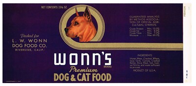 ORIGINAL VINTAGE CAN LABEL DOG CAT PET FOOD 1950 FILE WONNS RIVERSIDE ...