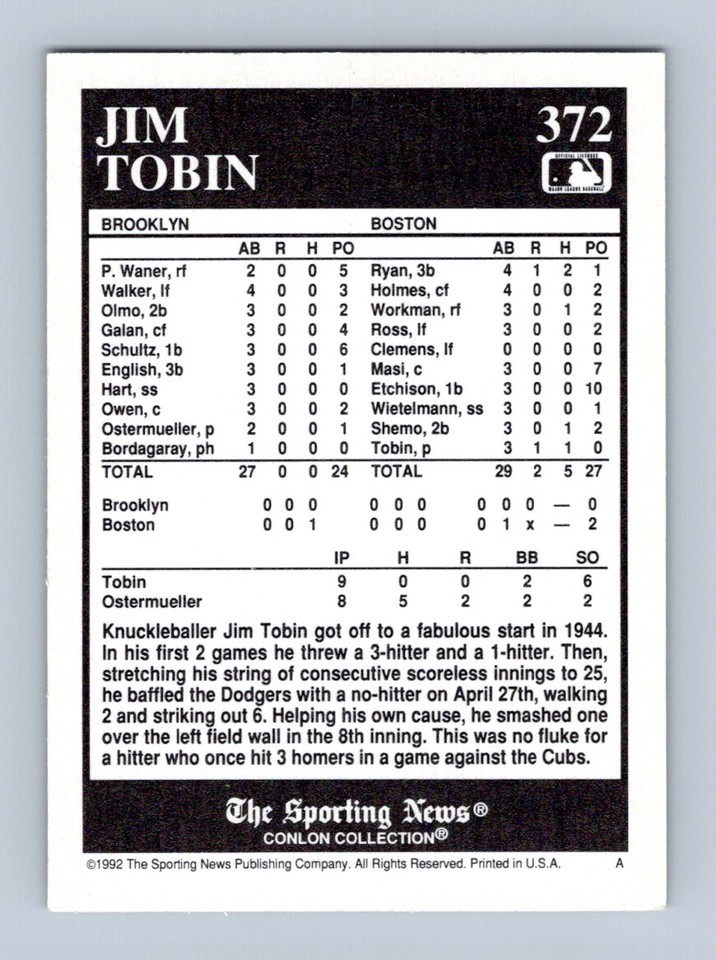1992 Conlon Collection #372 Jim Tobin | eBay