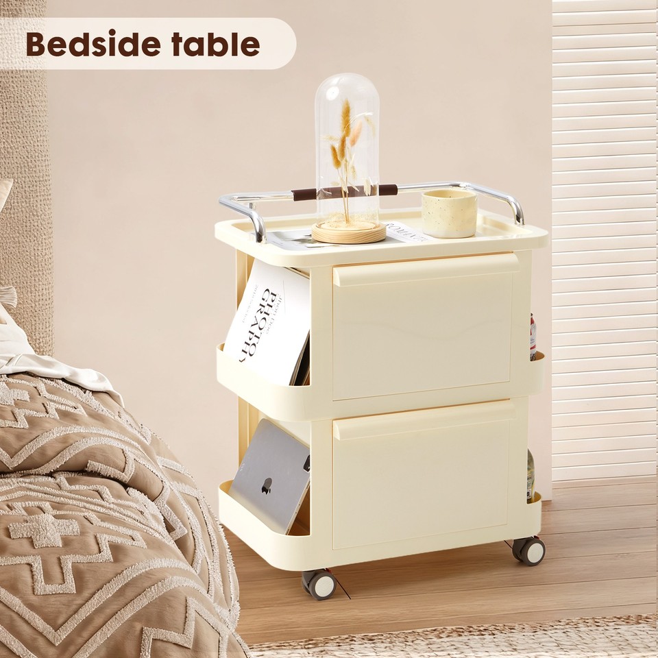 Narrow Rolling Utility Cart with Drawers 2-Tier Open Shelves, Lockable ...