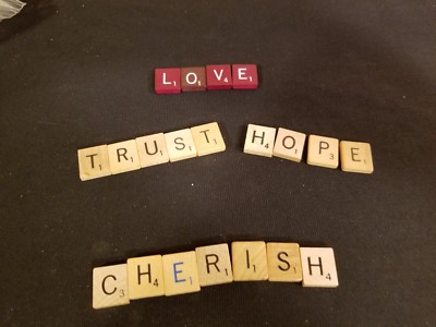 Scrabble Tile words ( Cherish,Hope,Trust and Love) in all 20 Letters | eBay