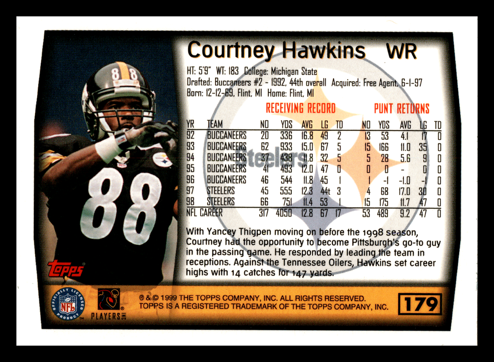 1999 Topps Collection Courtney Hawkins Steelers #179 Centered Mint | eBay