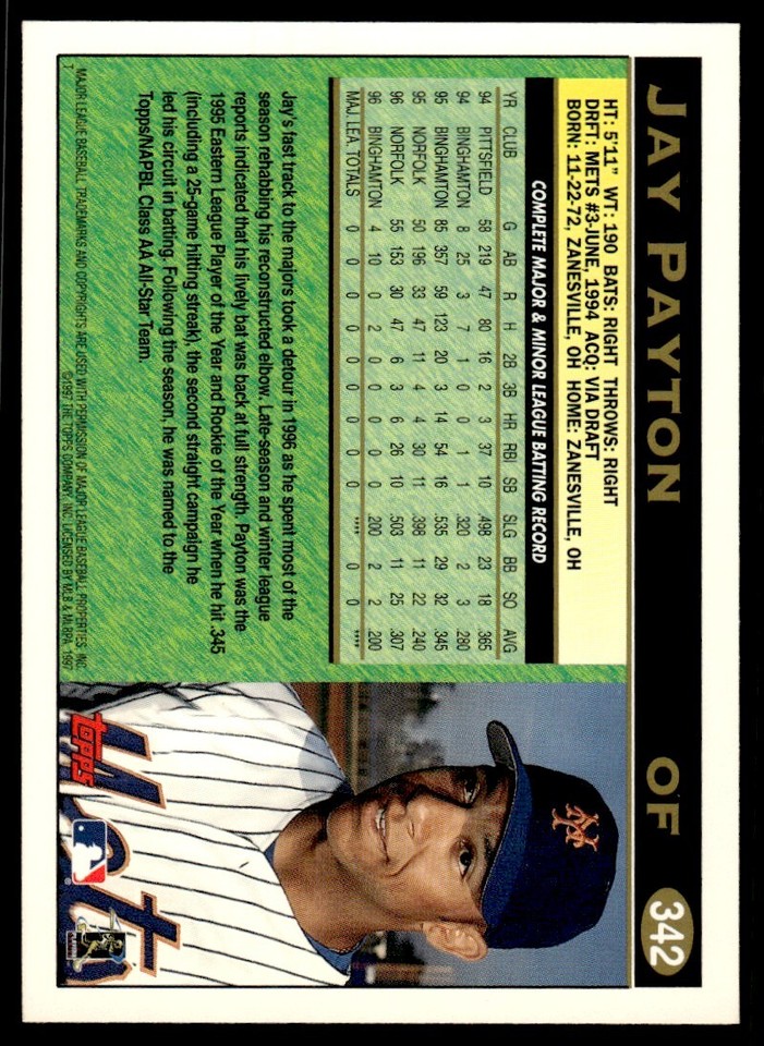 1997 Topps Baseball Card Jay Payton ytt New York Mets #342 | eBay
