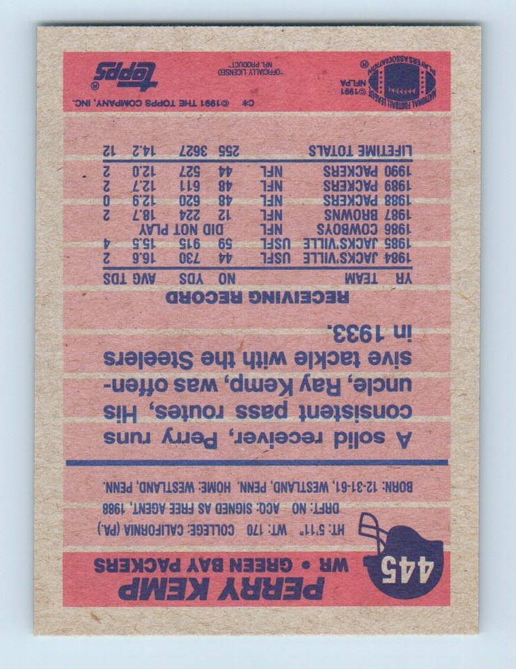 1991 Topps Perry Kemp Green Bay Packers #445 | eBay