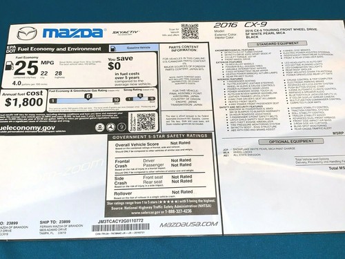 2016 Mazda CX-9 Touring Monroney Label Window Price Sticker | eBay