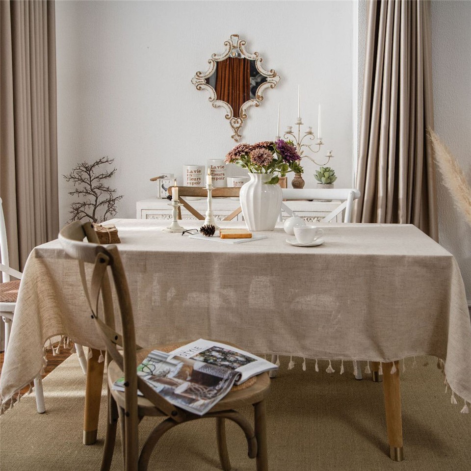 Beige Linen Tablecloth Tassel Fringe Table Cloth Cover Dining Kitchen ...