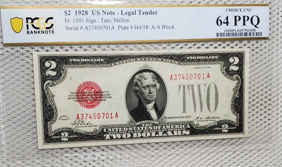 *Plain Series* 1928 $2 US Legal Tender Red Seal Note PCGS Choice Unc ...