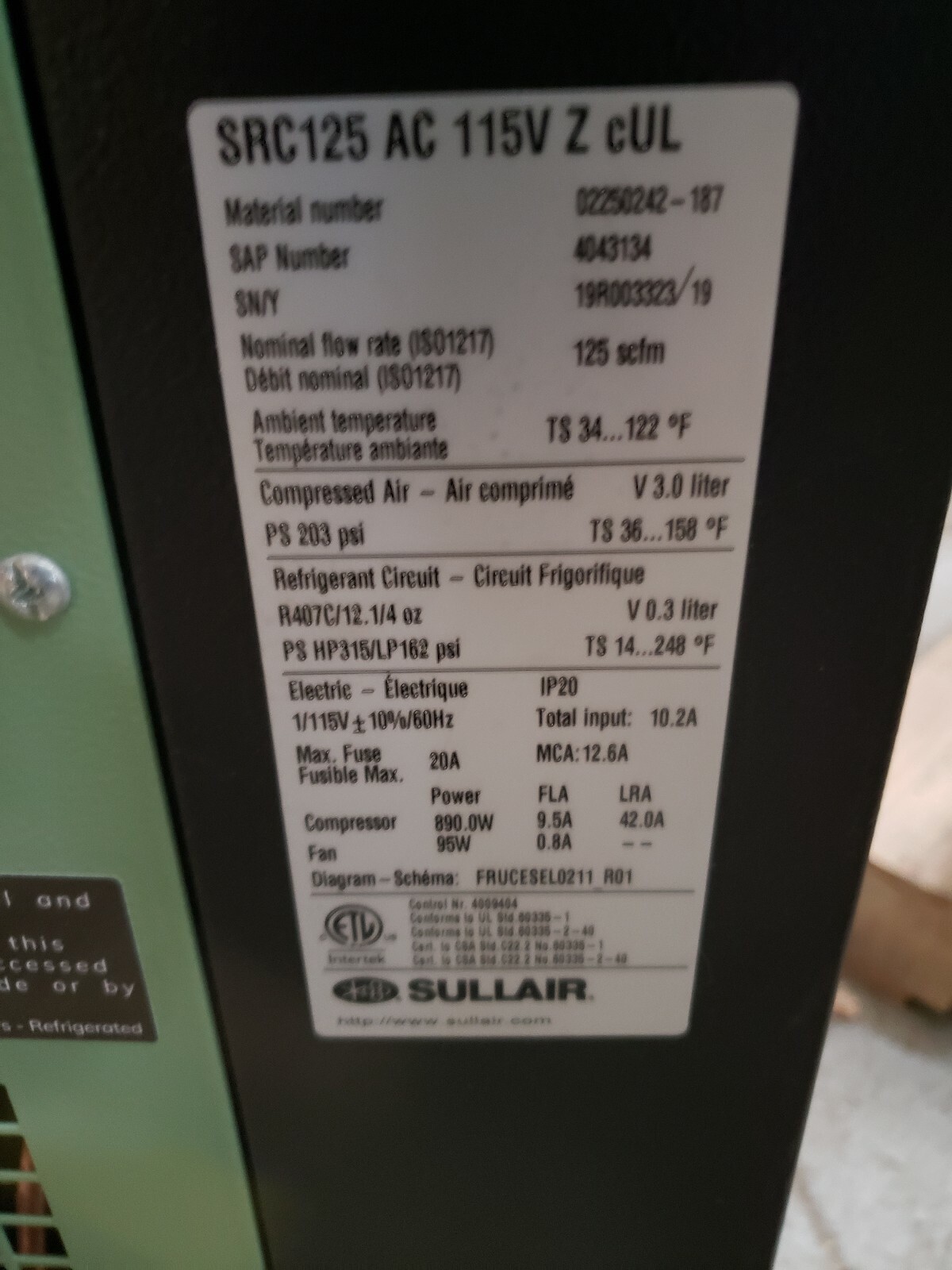 SULLAIR REFRIGERATED DRYER COMPRESSOR SRC125 AC 115V Z, 20A, 890W, FAN ...