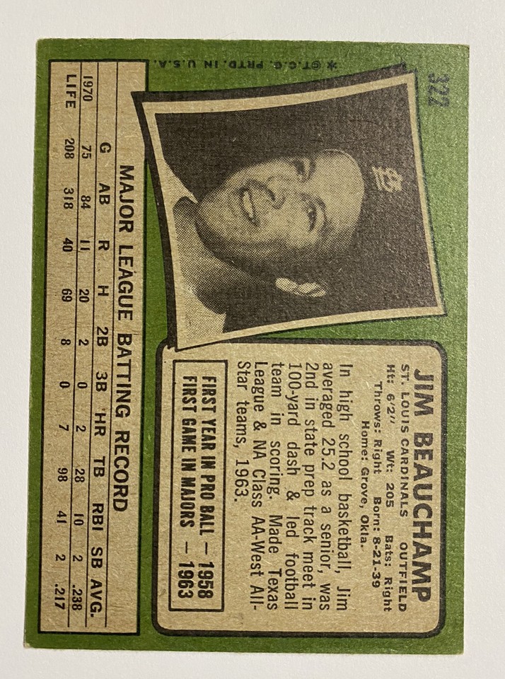 1971 Topps #322 Jim Beauchamp St. Louis Cardinals VIntage Baseball Card ...