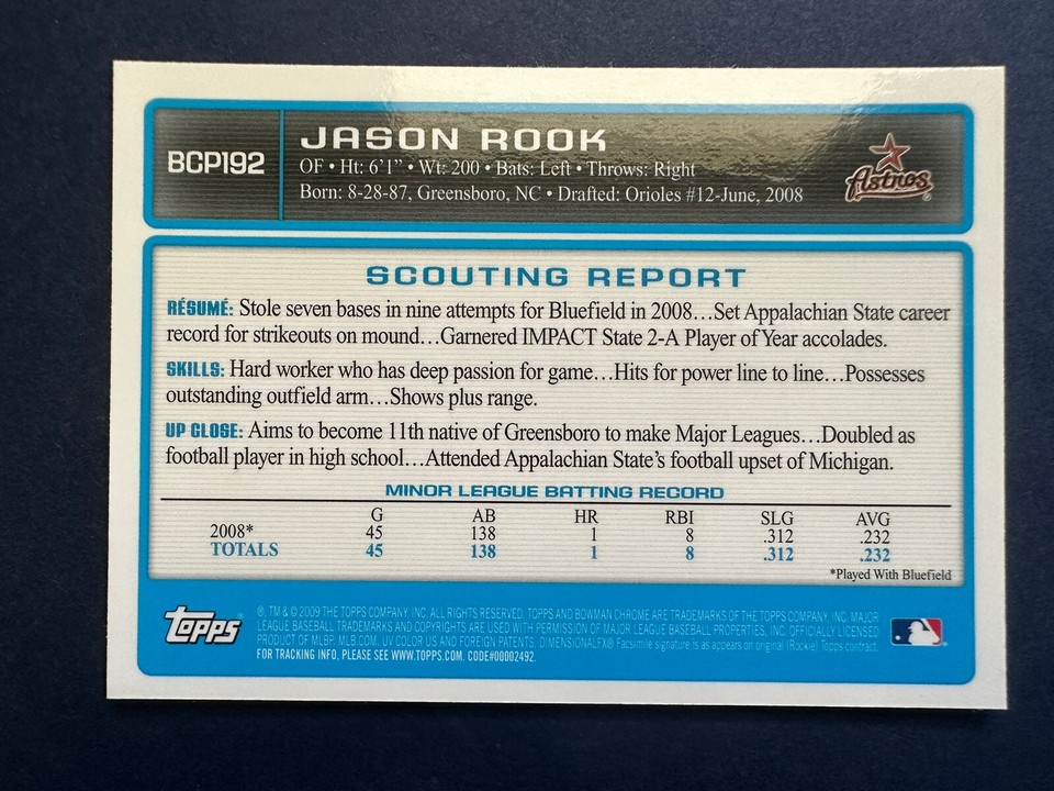 Jason Rook 2009 Bowman Chrome Prospects Orioles, Astros Baseball Card # ...