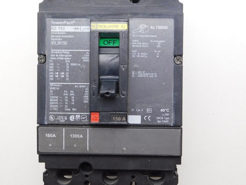 HDL36150 SQUARE D 150A AMP 3P POLE 600V 18kA@480V FEED THRU POWERPACT ...