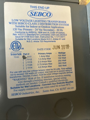SEBCO #1111 120V/24V Low Voltage Lighting Transformer 100 WATT 60HZ | eBay