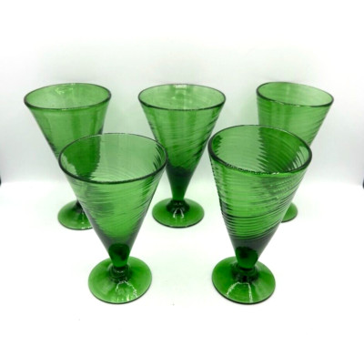 Green Glass Lot Set 5 Pedastel Cone Tumbler Cordial Twisted Spiral ...